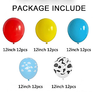 60Pcs 12inch Toy Inspired Story Balloons Kit Cow Pattern Cloud Yellow Red Blue Green Latex Balloons for Kids Toy Inspired Story Theme Birthday Party Supplies Decorations