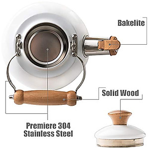 ROCKURWOK Whistling Tea Kettle, 1.6 QT / 50 OZ, White Teapot, Universal Base for Induction | Gas | Electric | Halogen | Radiant, Wooden Handle, Vintage