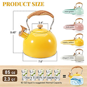 GGC Whistling Tea Kettle for Stove Top, 85OZ/2.6QT Stainless Steel Tea Kettles for Boiling Water Milik or Coffee, Yellow Tea Pots with Wood Pattern Folding Handle, Thumb Design Control Kettle Outlet