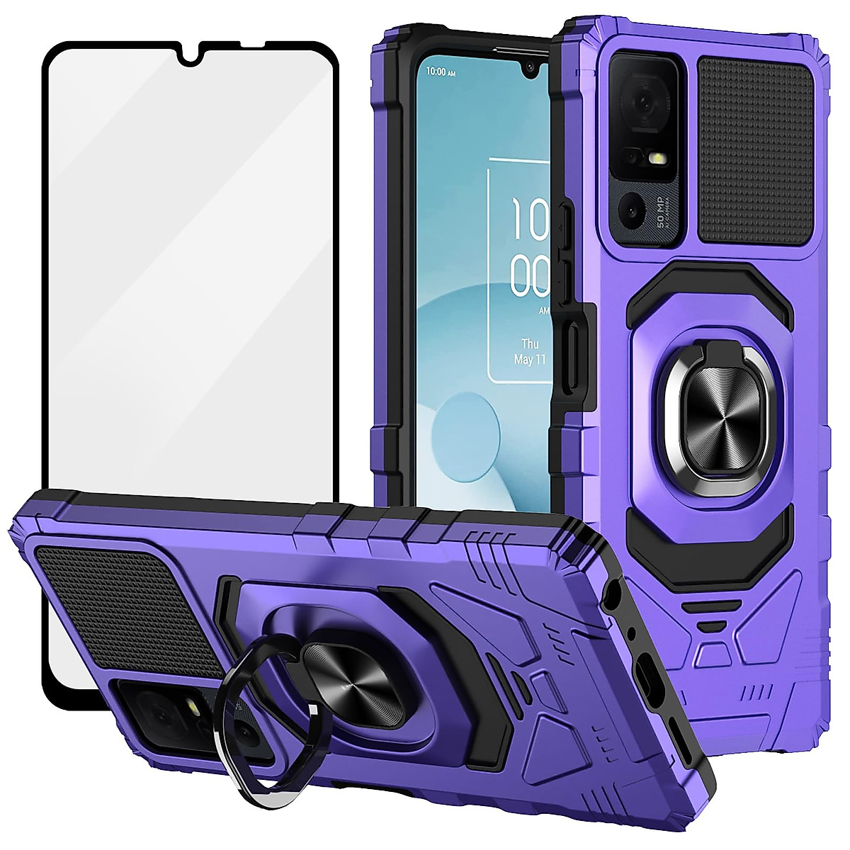 Ailiber for TCL 40 XL/TCL 40 T(T608DL)/Lively Jitterbug Smart 4 Case with Screen Protector, Ring Kickstand for Magnetic Car Mount, Military Grade Shockproof Protective Phone Cover for TCL 40T-Purple