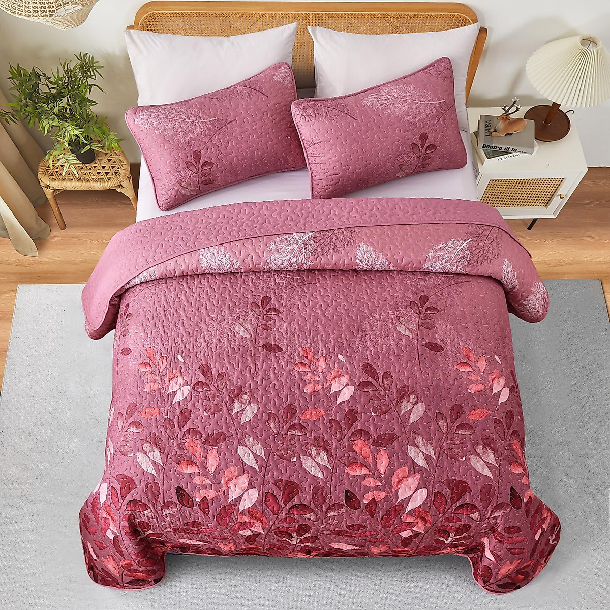 WONGS BEDDING Red Floral Quilt Set King Size,3 Pieces Botancal Leaves Bedspread Coverlet Set with 2 Pillowcases for All Season, Soft Microfiber Floral Bedding Set 104"×90"