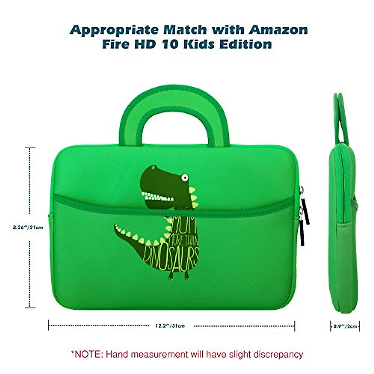MoKo Fire HD 10 Inch Kids Tablet Sleeve Case Bag, [Shock-Proof] Zipper Handle Pouch Portable Neoprene Case Cover fits Fire HD 10 Plus 2021, Fire HD 10 Kids & Pro 2021 - Dinosaur Green