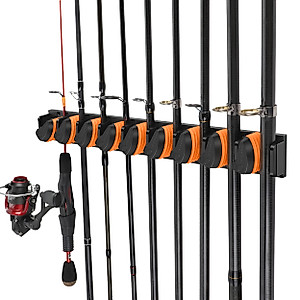 PLUSINNO V9 Vertical Fishing Rod Holders, Wall Mounted Fishing Pole Holders, Fishing Rod Rack Holds Up to 9 Rods or Combos, Fishing Rod Holders for Garage, Fits Most Rods of Diameter 3-19mm