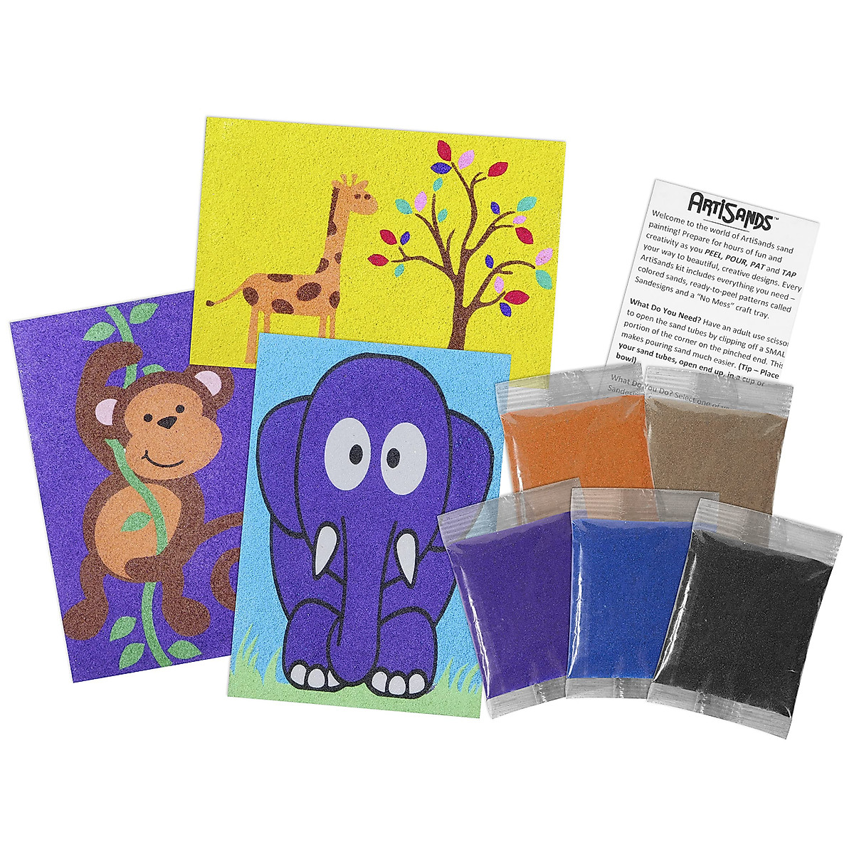 Activa ArtiSands Zoo Animals Sand Art Board Craft Kit, 3 Designs & 5 Sand Colors | No Scissors, No Glue, No Mess!