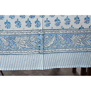 CPC Tablecloth 100% Cotton 80x120 Inch Indian Block Print Rectangle Table Cover, Dining, Buffet Parties & Wedding Use- Apatite Blue 12-Seater
