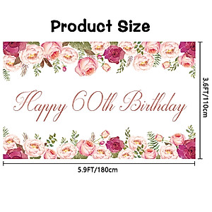 Vlipoeasn Elegant White Happy 60th Birthday Decorations for Women Rose Gold Flower Peony Photography Backdrop for 60th Birthday Party Surprise for Mother Cheers to 60 Years Old Birthday Party Supplies