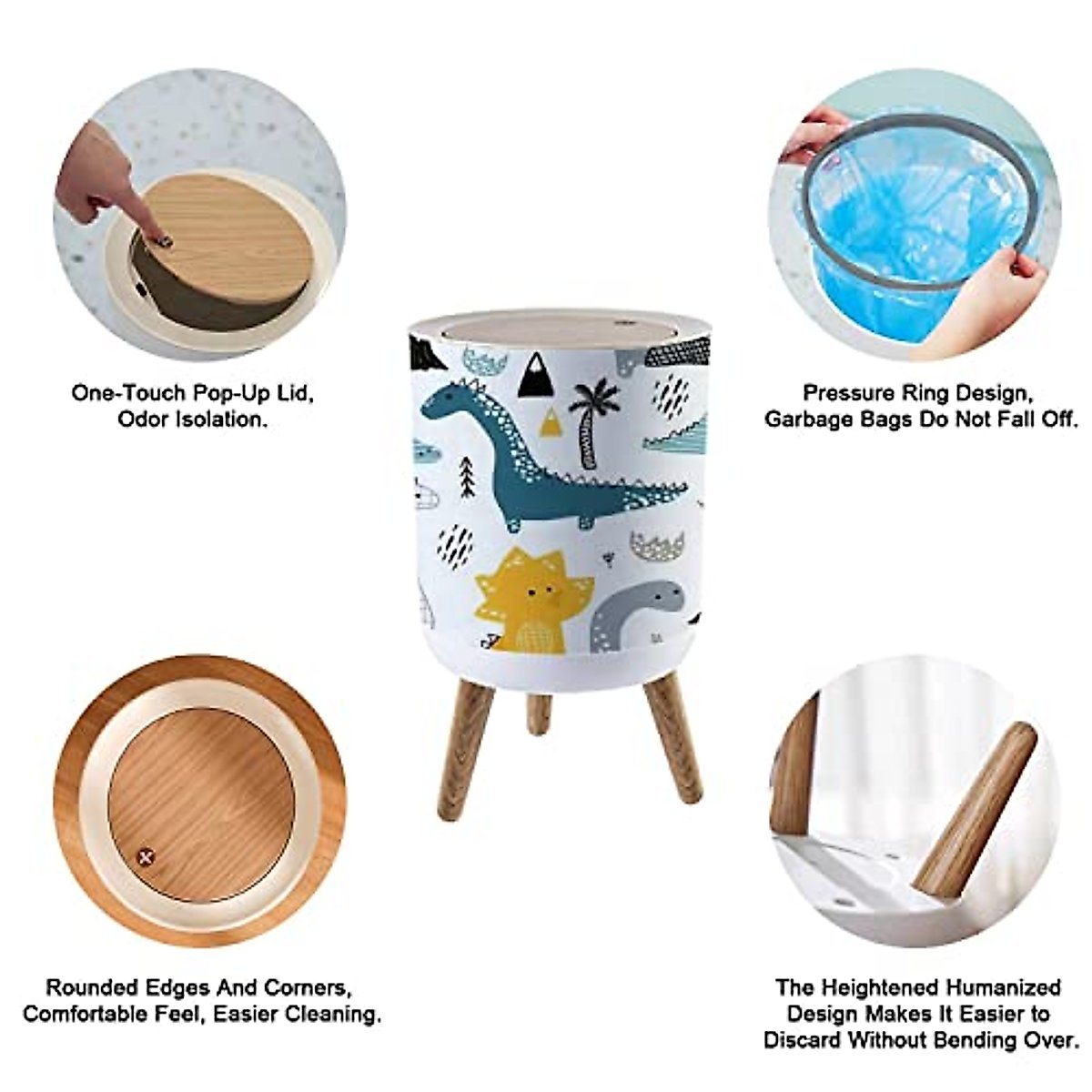 Nordic Style Trash Can - Childish seamless with hand drawn dino in scandinavian style Creative Push Top Trash Can with Lid - Scandinavian Modern Garbage Can - Round Trash Bin w/ Legs for Kitchen/Bathroom/Dog proof, 1.8 Gallon - 7L