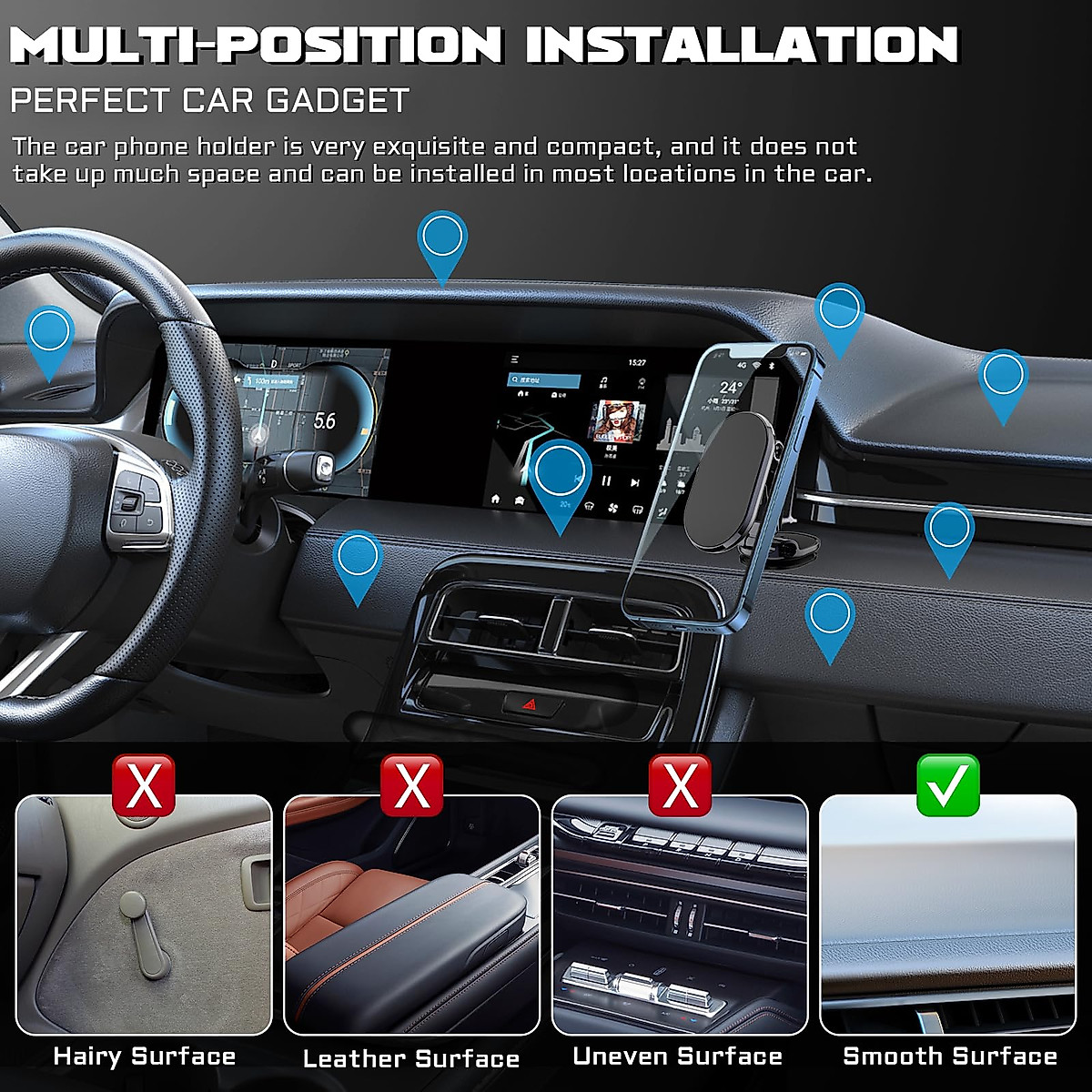 Car Phone Stand, DIPEQOBA Must-Have Alloy Folding Magnetic Cell Phone Mount, Stable Versatile Automobile Dashboard Holder With Dual 360° Rotation, Universal Hands Free Car Accessory for All Smartphone