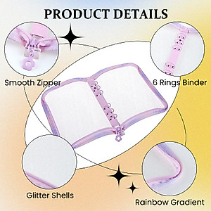 NEWEST A6 Clear Binder Cover with Zipper, 6-Ring Pink Gradient A6 Budget Binder Shell for Cash Budget System, Glitter PVC Refillable Notebook Binder Cover for Planner Journal Photo Album Diary Folder