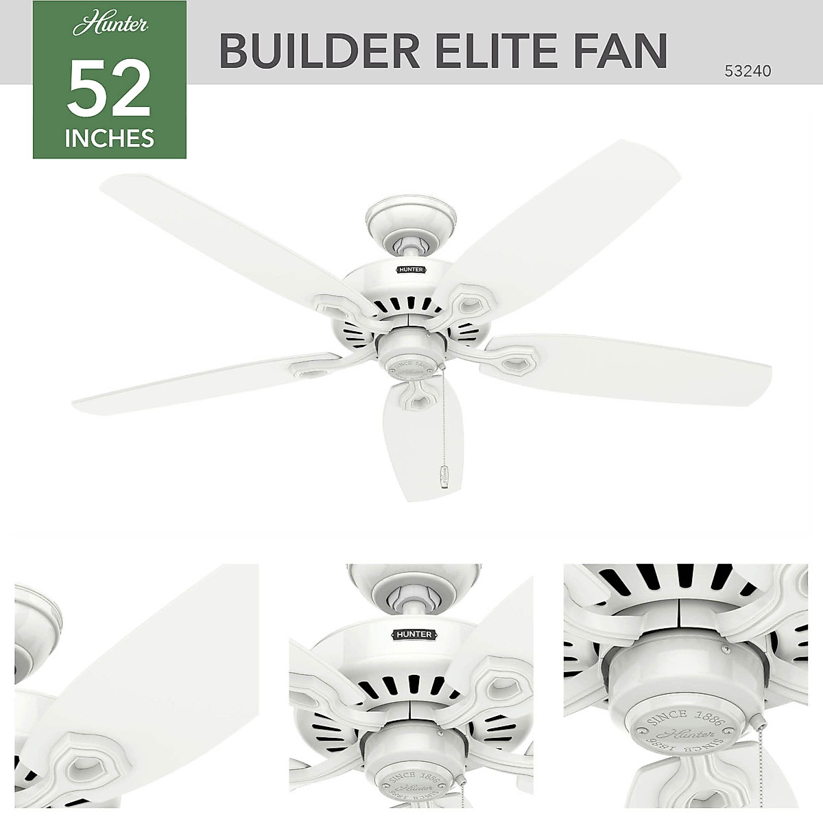 Hunter Fan Company 53240 Builder Elite Indoor Ceiling Fan with Pull Chain Control, 52", Snow White Finish