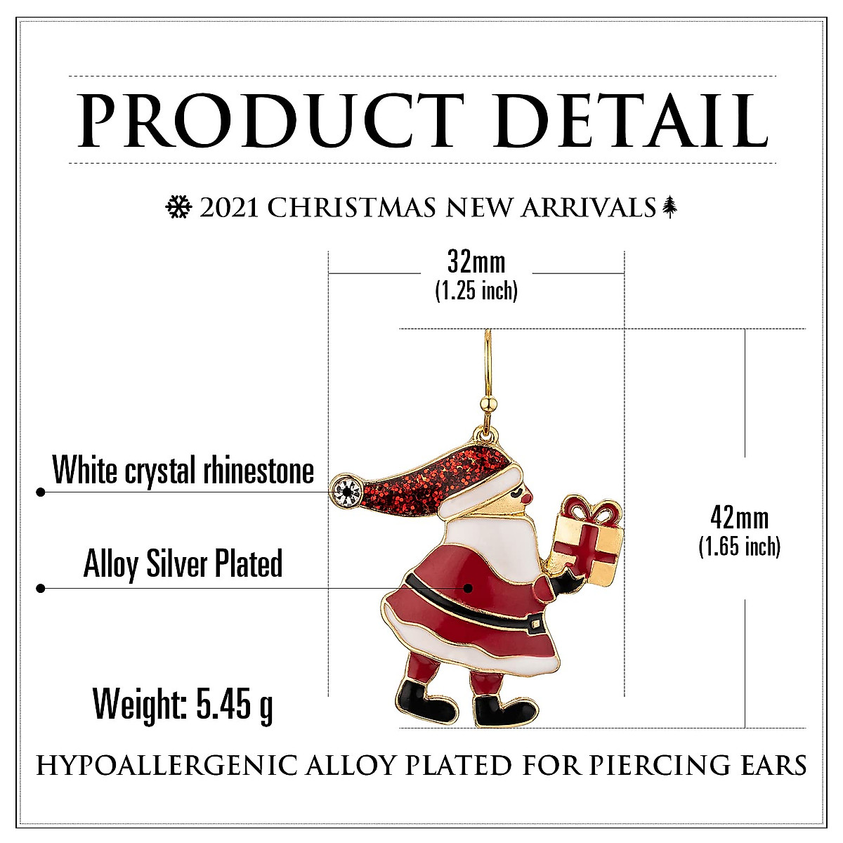 RareLove Big Size Cute Santa Earrings, Santa Claus Christmas Piercing Dangle Earrings for Women Silver Plated Alloy,Holiday Jewelry