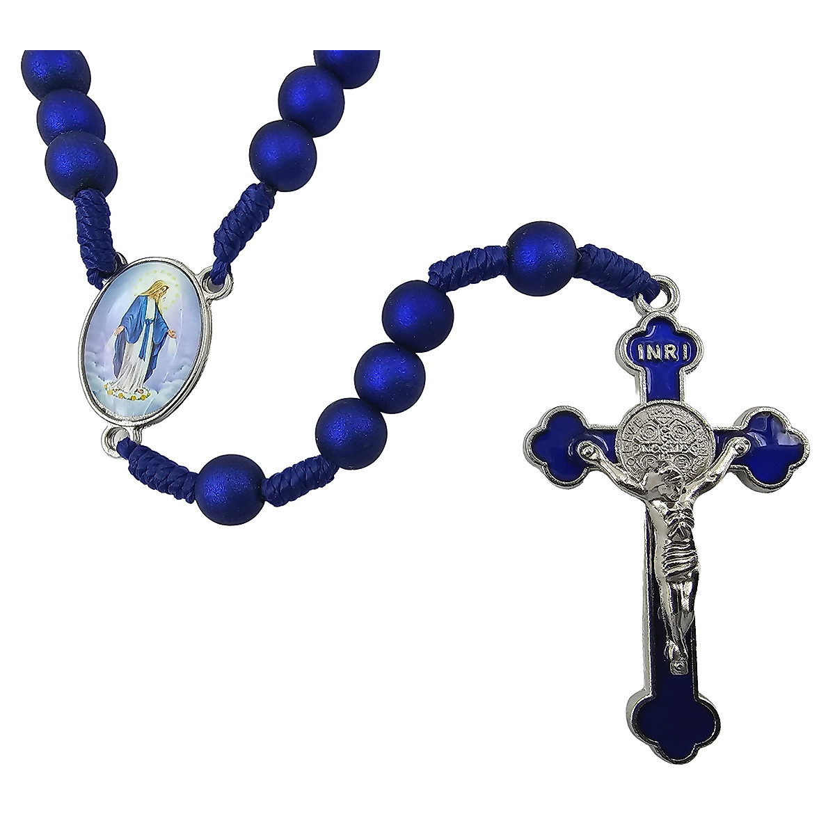 TALISMAN4U Deep Blue Rosary Beads Catholic Prayer Necklace with Saint Benedict Crucifix Our Lady of Grace Medal Religious Gift Rosary Pouch