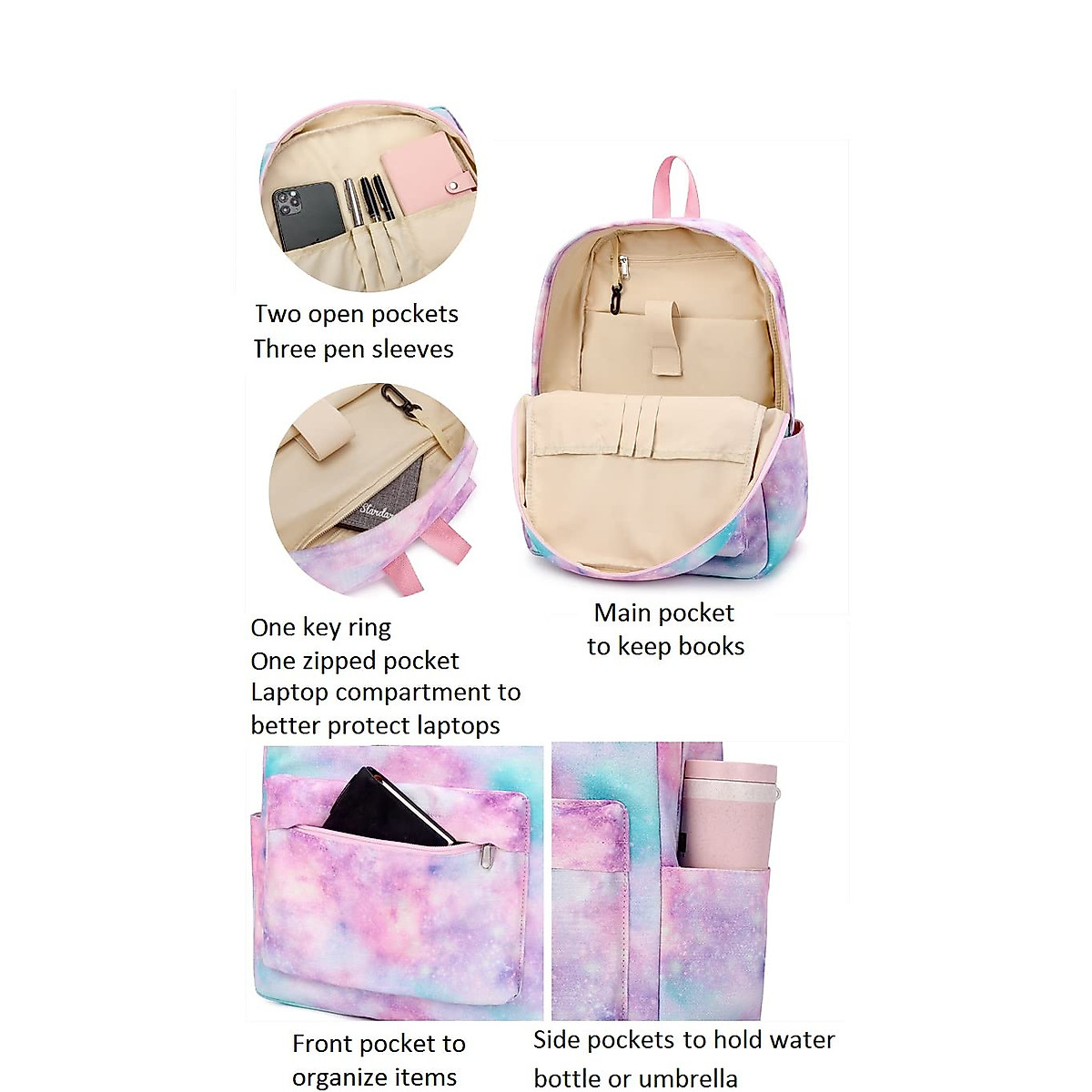 Galaxy Prints 3Pcs Girls Backpack Set Preschool School Bag for Toddlers with Lunch Box Teens Bookbag for School