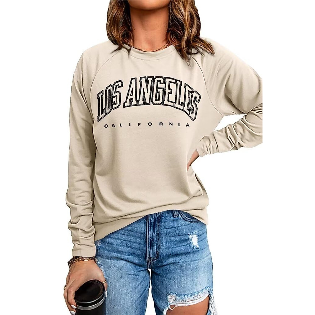 Dressmine Women's Los Angeles Hoodie Long Sleeve Vintage Graphic Sweatshirt Casual Print Letter Pullover Apricot XL