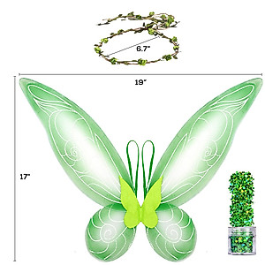 Funcredible Fairy Costume Accessories - Green Fairy Wings and Flower Crown, Glitter - Tooth Fairy Cosplay Outfit for Women and Girls