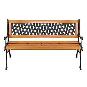 VINGLI 49.5" Outdoor Garden Bench,Deck Hardwood Cast Iron Wood Bench Chair for Patio Front Porch Path Yard Lawn