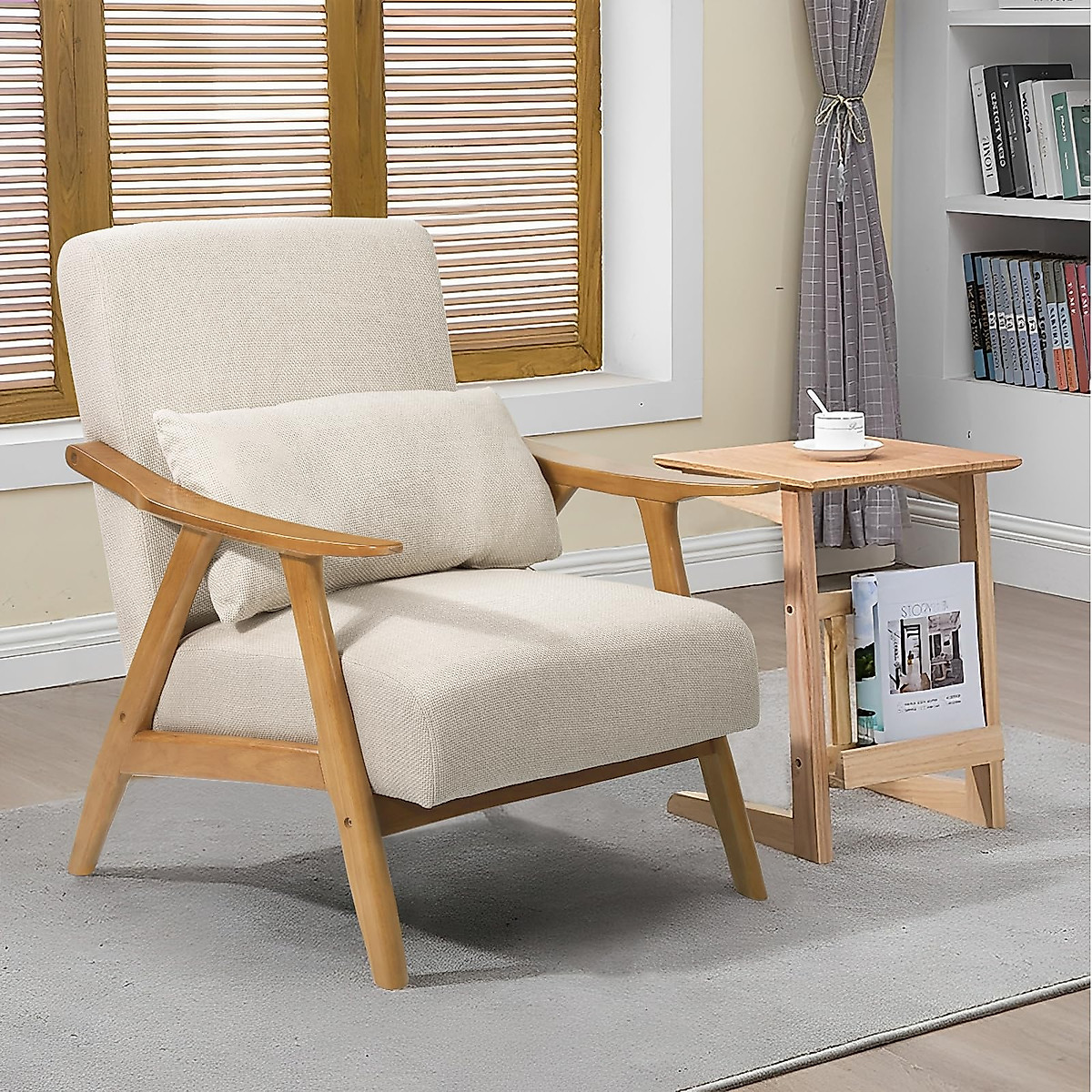 OAKHAM Mid Century Modern Accent Chair, Single Fabric Lounge Reading Armchair with Soft Wood Frame, Easy Assembly Arm Rest Chairs for Living Room, Bedroom Walnut-Brown (Walnut-Beige)