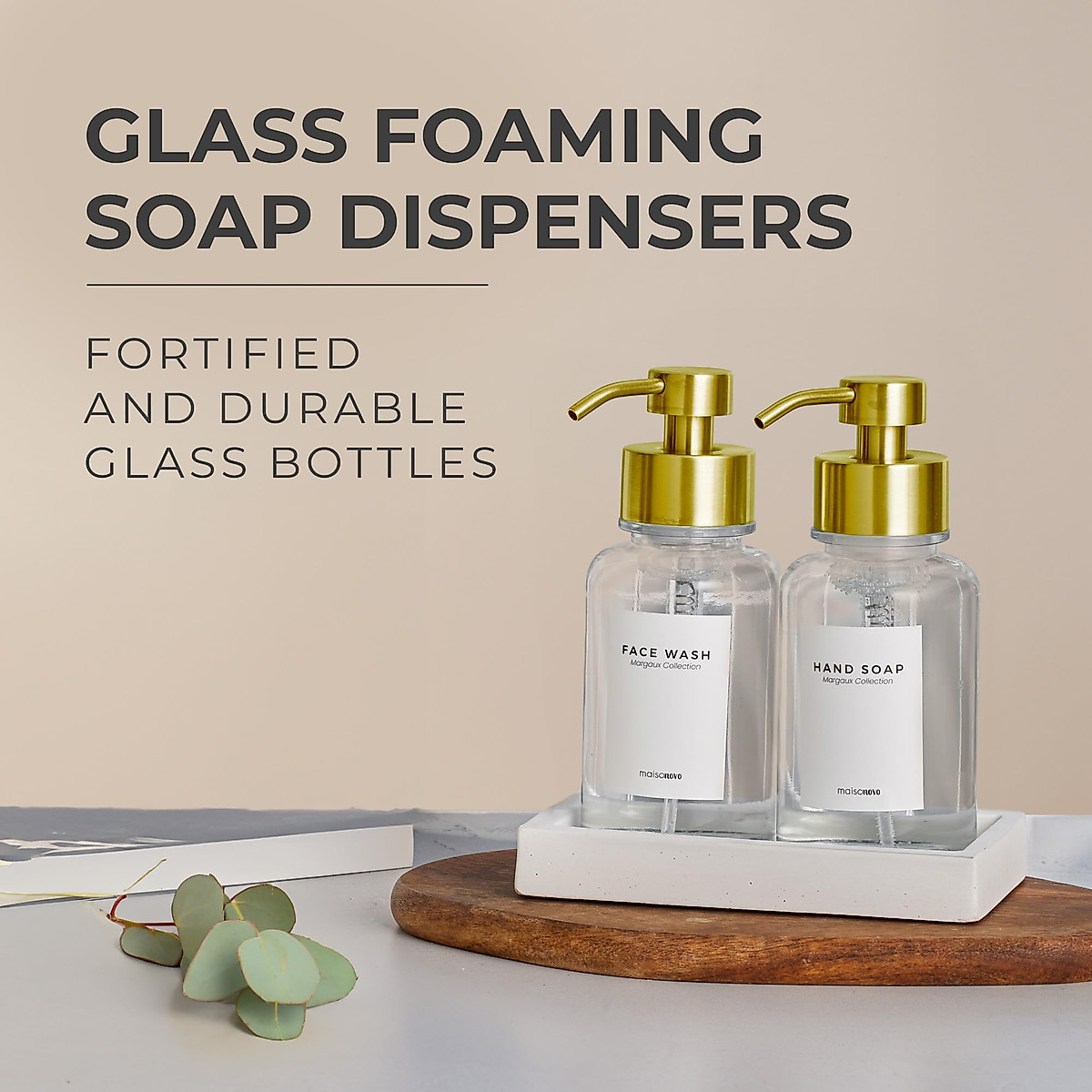 MaisoNovo Glass Foaming Soap Dispenser | Clear Glass Gold Pumps x 2 with Tray
