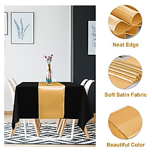 12Pack 12x108 Inch Satin Table Runner and 54x108Inch Plastic Tablecloths Set Black and Gold Disposable Rectangle Table Cover for Graduation Wedding Bridal Shower Anniversary Birthday Party Decorations