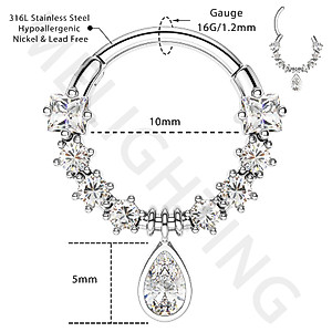 Melighting 16G Septum Jewelry Teardrop Dangle Septum Rings Women 316L Stainless Steel Clear CZ Daith Earrings Helix Earrings Cartilage Tragus Earring Piercing Jewelry for Men