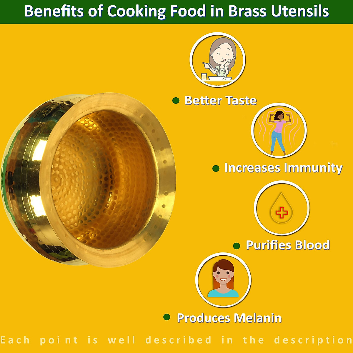 HOKOYA Brass Handi for Cooking Food (5 Litre Water Capacity) Medium Size Brass Handi for Cooking Biryani | Brass Utensils for Kitchen Cooking