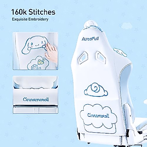 AutoFull Cinnamoroll Gaming Chair High Back Ergonomic Office Desk Computer Chair with Lumbar Support, Racing Style PU Leather Task Chair with Footrest, White & Blue