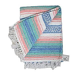 Open Road Goods Light Teal and Coral Mexican Blanket - Authentic Mexican Flasa - Great Yoga Blanket, Beach Blanket, Picnic Blanket, or Mexican Throw! Handwoven