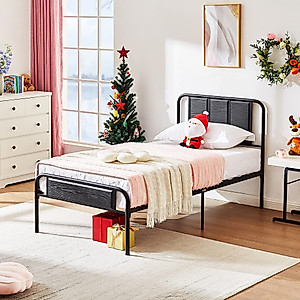 VECELO Twin Bed Frame Heavy Duty Metal Platform with Wooden Headboard Footboard Mattress Foundation 12 Strong Steel Slats Support Under Bed Storage/Easy Assemble