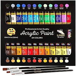 Acrylic Paint Set 24 Colors (0.41 oz, 12 ml) Paint Kit For Artists & Beginners Craft Paints for Paper,Canvas,Rock Painting,Wood,Ceramic & Fabric Vibrant -Non-Toxic including 3 paint brushes