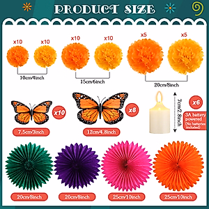 Newwiee 82 Pcs Day of the Dead Altar Decoration Kit Dia De Muertos Disposable Tablecloth Flameless LED Candle Paper Marigold Flower Fan Butterfly Mexican Papel Picado Banner Supplies (Colorful)