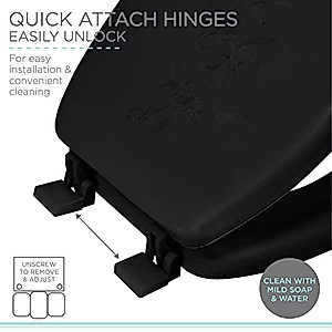 Bath Bliss Extra Soft Standard Round Toilet Seat | Decorative Vinyl Lid | Fits 16.5” Seats | Adjustable Quick Screw Attach Non-Slip Hinges | Bathroom | Black