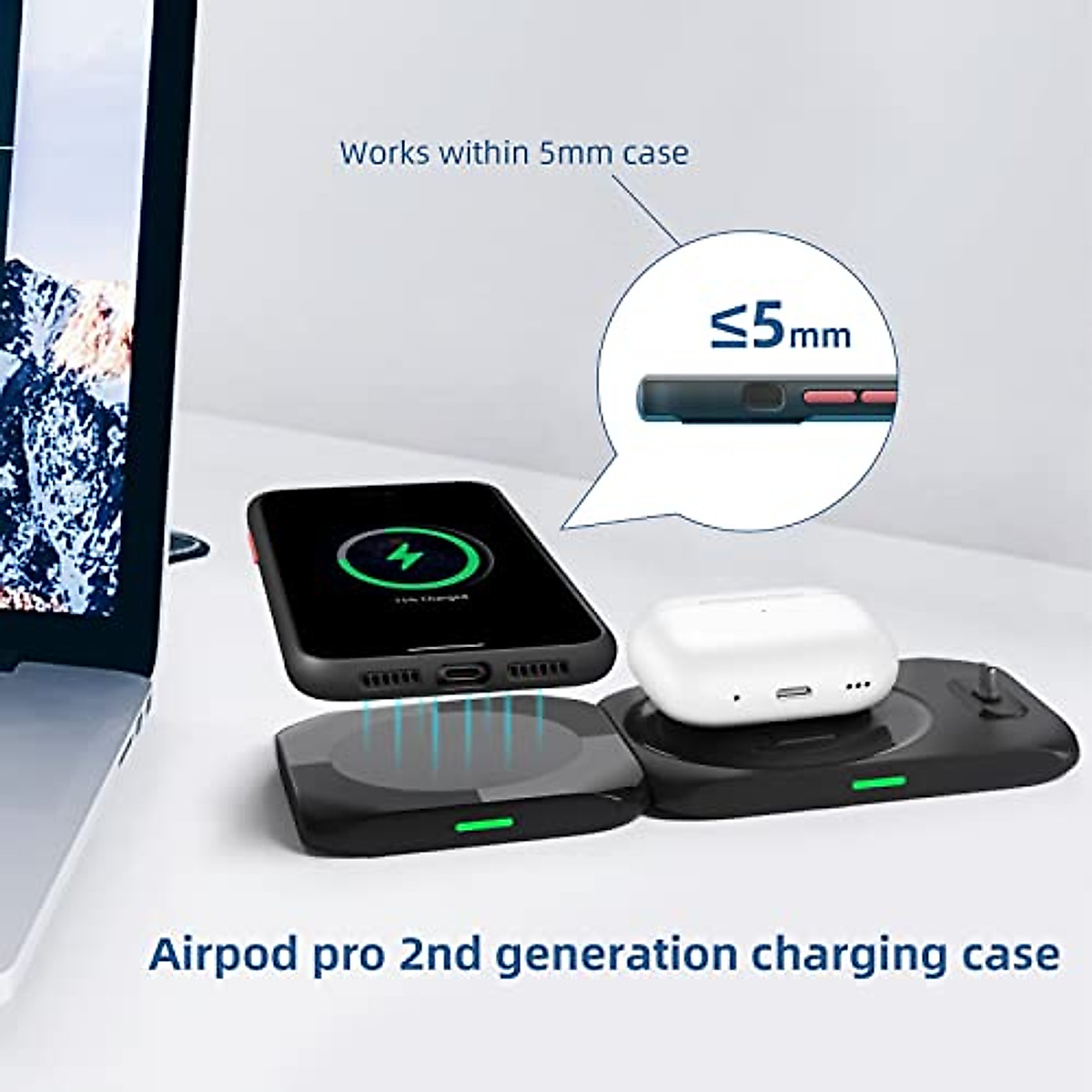 Wireless Magnetic Charging Station 4 in 1, Mag-Safe Charger Compatible for iPhone 14/13/12/11, Fast Charge Pad Compatible for Apple Watch Ultra/8/7/SE2/Airpods 1 2/ Pro1 2(QC 3.0 Adapter)