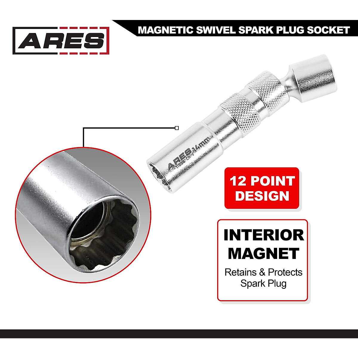 ARES 11000-14mm Thin Wall Magnetic Swivel Spark Plug Socket - 3/8-Inch Drive 12-Point Spark Plug Socket - Walls 2mm Thinner Than Standard Spark Plug Sockets