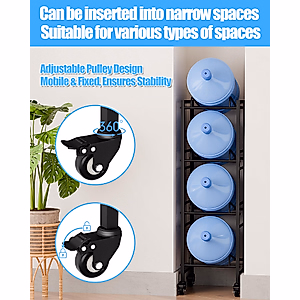 5 Gallon Water Jug Holder, Moveable 4 Tier Heavy Duty Water Rack with 4 Wheels, Rack for Water Jug Storage, Space Saving Water Stand for Four 5 Gallon Water Jugs, Black