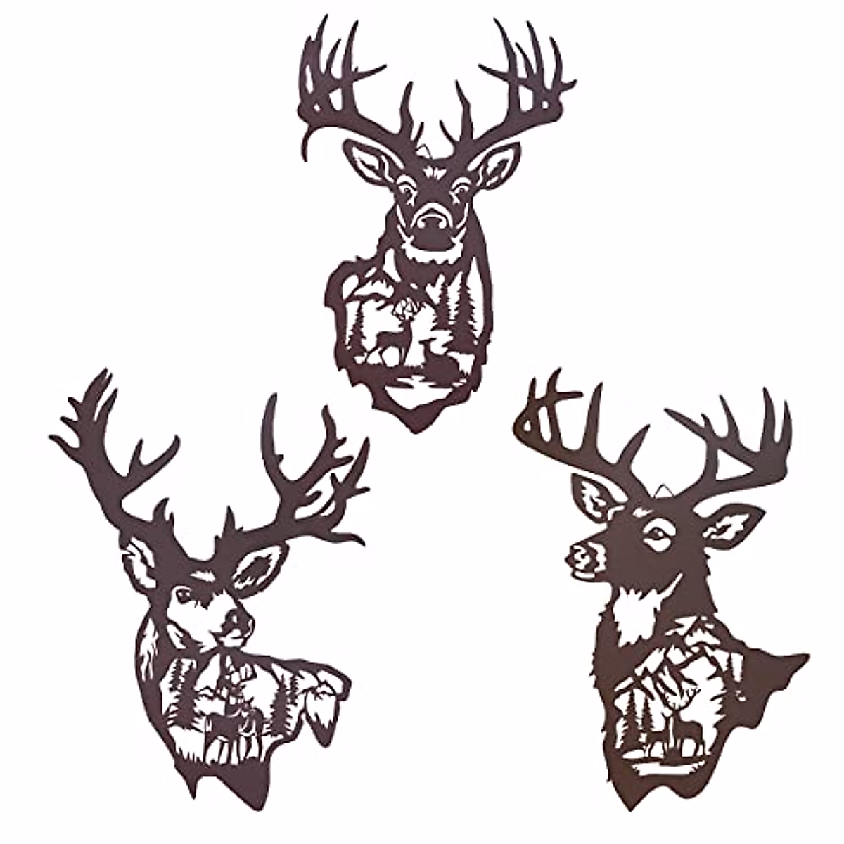 BVLFOOK 16 Inch Large Metal Deer Wall Art Decor, Rustic Cabin Decor, Hunting Decor for Home Bathroom Bedroom Lodge, Deer in the Forest Pine Tree, Set of 3