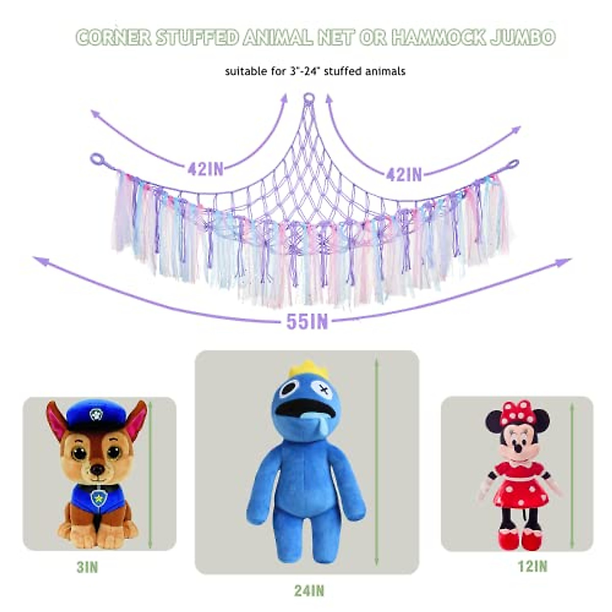 LONCHDAN Stuffed Animal Hammock, Stuffed Animal net or Hammock with LED Hammock for Stuffed Animals Storage Macrame Netting Plushie Hanging Corner for Nursery Bedroom (Purple)