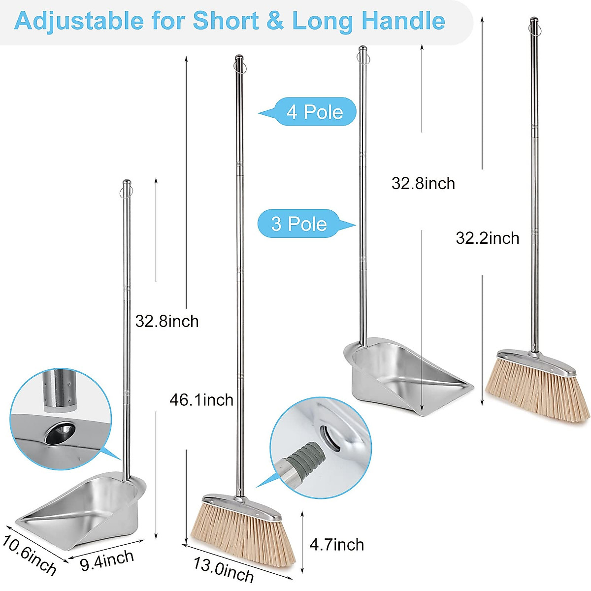 VOOWO Broom and Dustpan Set for Home, Stainless Steel Broom and Dustpan Set with Long Handle, Heavy Duty Dustpan Broom Set Standing Dust Pan Kitchen and Home Indoor Outdoor Broom