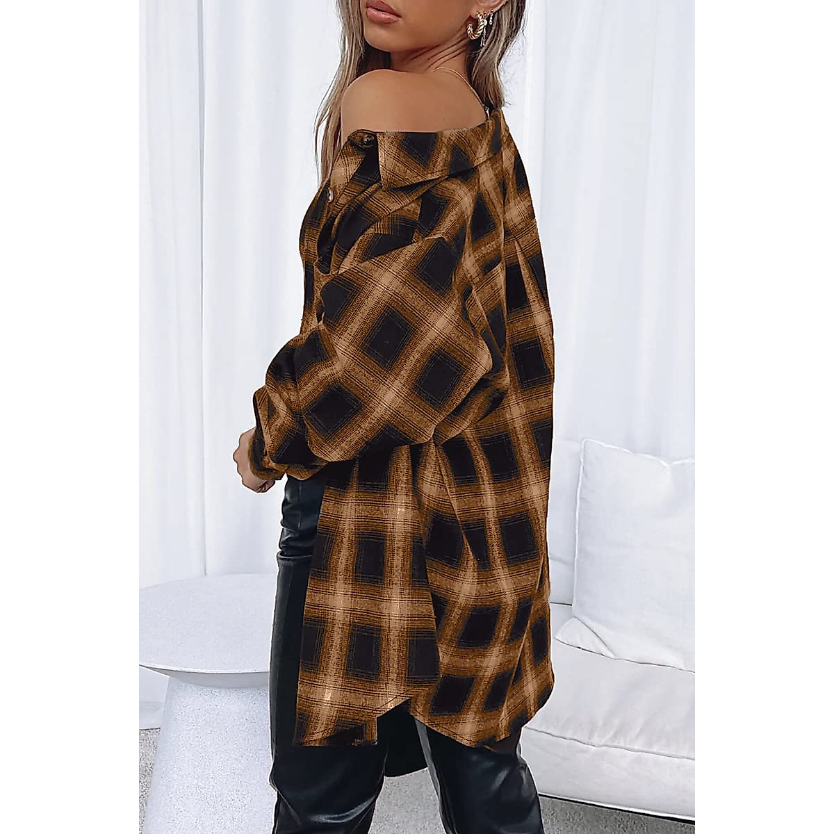 CHYRII Womens Button Down Flannel Shirts Long Sleeve Plaid Shacket Business Casual Tops Brown XL