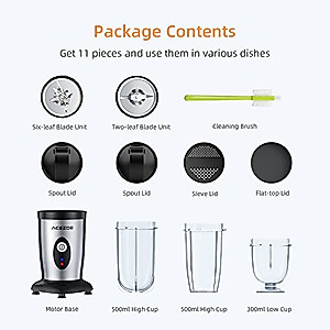 Acezoe 850W Bullet Blender for Shakes and Smoothies, 5 in 1 Personal Blenders for Kitchen, with 6 fins Blade, 2x500ml Portable Bottle, 1 Grinding Cup, for Juice, Protein, Vegatable, Easy to Clean