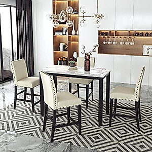 Merax 5-Piece Dining Table Set Wooden Dining Set with Faux MarbleTable and 4 Upholstered Chairs, Counter Height Furniture Dinette Set for Home Kitchen