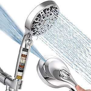 Nuodan Handheld Filtered Shower Head with ON/OFF Pause Switch - High Pressure 10-modes, Built-in Power Wash to Clean Bathroom Tub, Tile or Pets, Stainless Steel Hose, Wall and Overhead Brackets