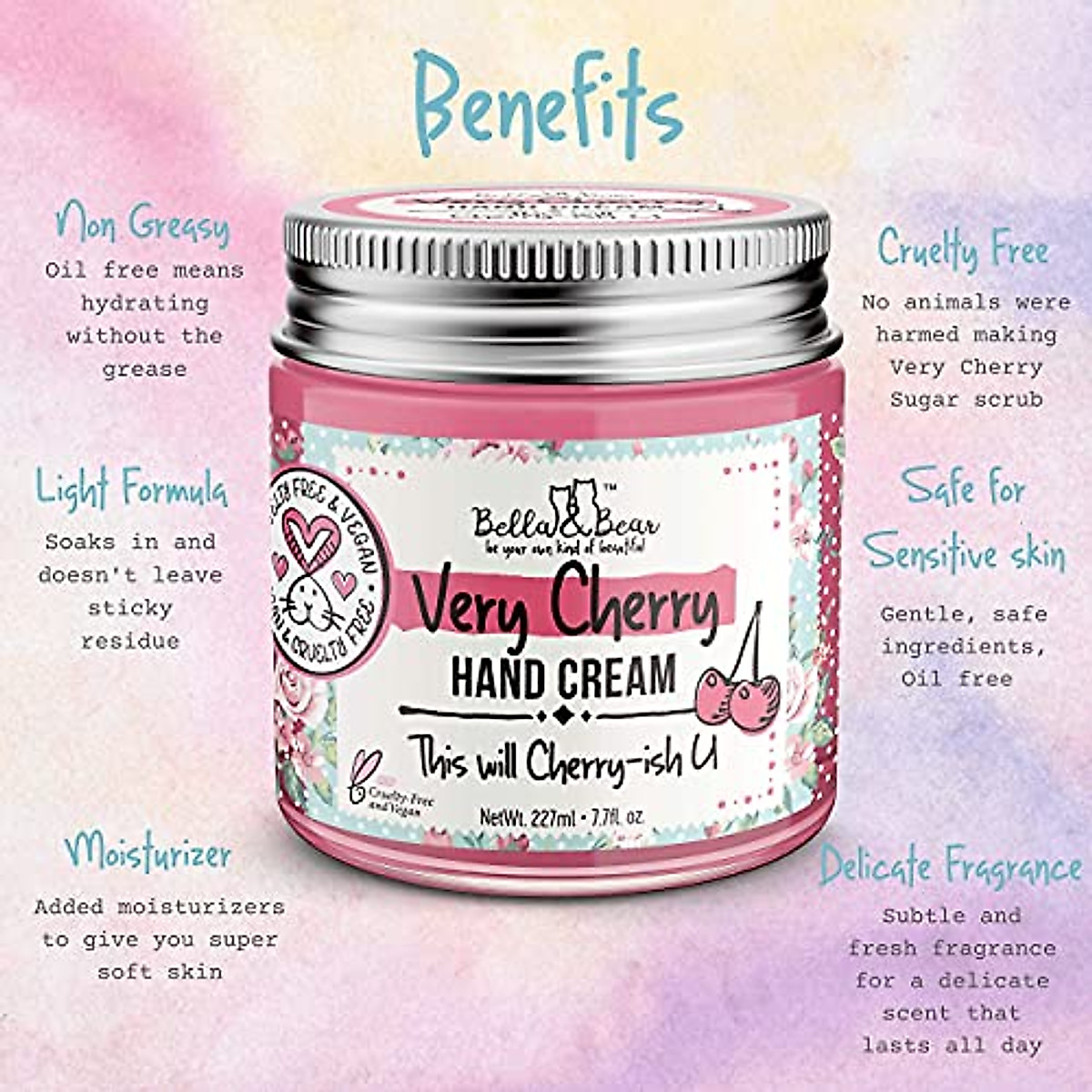 Bella & Bear Very Cherry Hand Cream for Dry Hands – 6.7oz Vegan Friendly Hand Moisturizer – Non Greasy and Fast Absorbing Formula