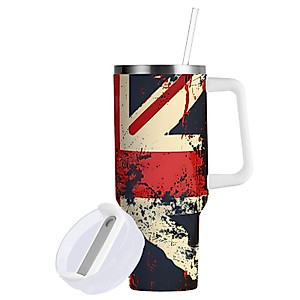 FENOCHE British Flag Retro 30 oz Tumbler Insulated Cups Stainless Steel Water Bottle with Handle Lid and Straw Tumblers for Car Cup Holder