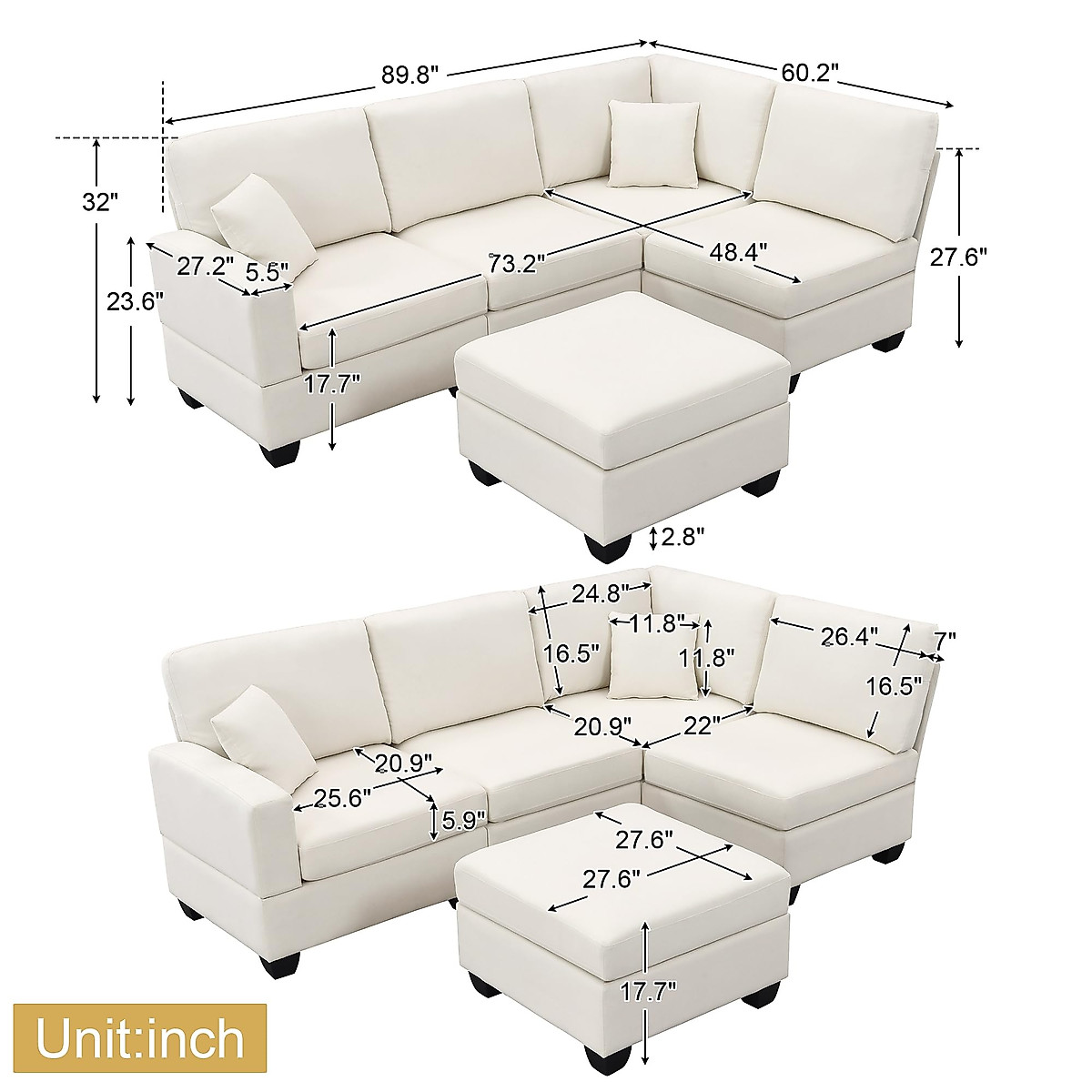 90" Modular Sectional Sofa with Convertible Ottoman, 5 Seats L-Shape Reversible Solid Corner Sofa with 2 Pillows, Linen Modern Sleeper Couch for Living Room, Apartment, Office (Cream White)