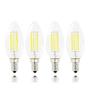 Lamsky E14 LED Filament Candle Shape Light Bulb,E14 European Base Bulb,Daylight 6000K 600LM 60W Equivalent,C35 Clear Glass Torpedo Shape Bullet Top,No-Dimmable (4-Pack)