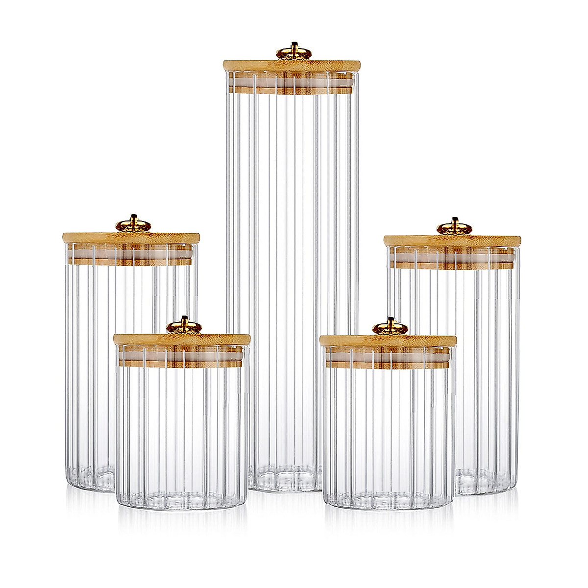 Glass Storage Jars Set of 5, Decorative Coffee Bar Container with Airtight Bamboo Lid Metal Ring for Home Kitchen Storing Candy, Cookie, Pasta, Nuts, Oatmeal and Bathroom Salt