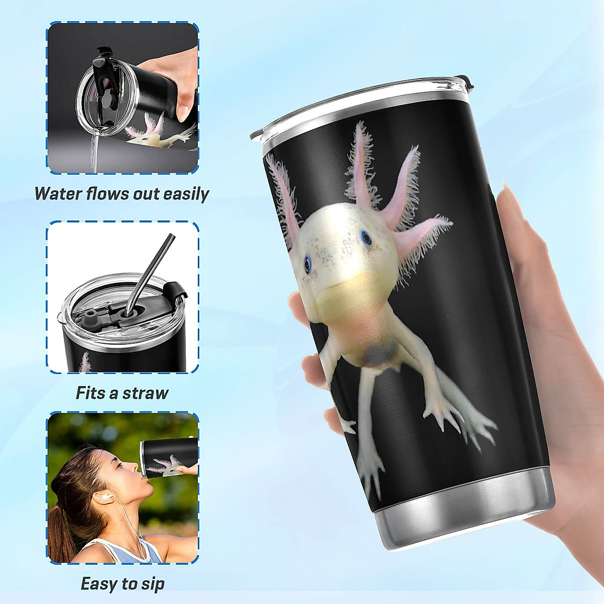 Yasala Tumbler Axolotl Insulated Coffee Cup Back to School Beverage Container Office Travel Mug with Straw and Lid Double Wall Stainless Steel 20oz