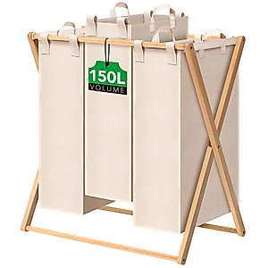 Ollieroo Laundry Hamper,150 Liters Collapsible Laundry Basket 3 Section,Large Capacity Bamboo Laundry Basket Sorter,Foldable X-Frame Dirty Clothes Hamper for Bedroom, Laundry Room, Bathroom,Beige