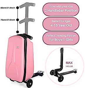 iubest Scooter Luggage Carry On Scooter Suitcase for Kids Age 4-15, Detachable & Foldable 4 in 1 Kids Suitcase, Multifunctional Ride On Travel Trolley Scooter Combo-Pink