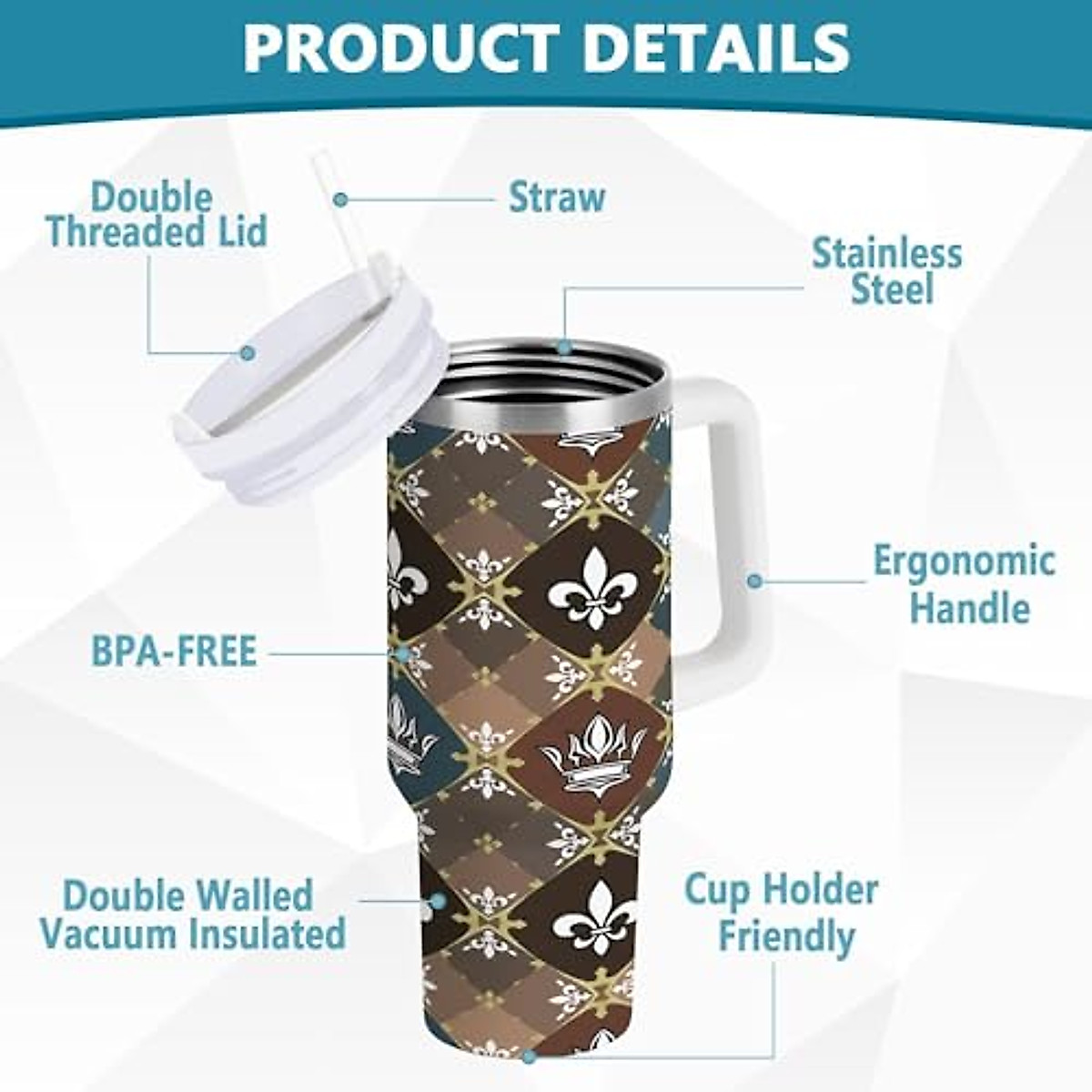RPLIFE Ornate Crowns and Fleur De 40 Oz Tumbler with Handle and Straw, Stainless Steel Tumbler with Straw, Coffee Tumbler
